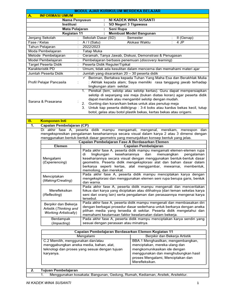 RPP Seni Rupa Kls 1 Sms 2 | PDF | Karier & Perkembangan