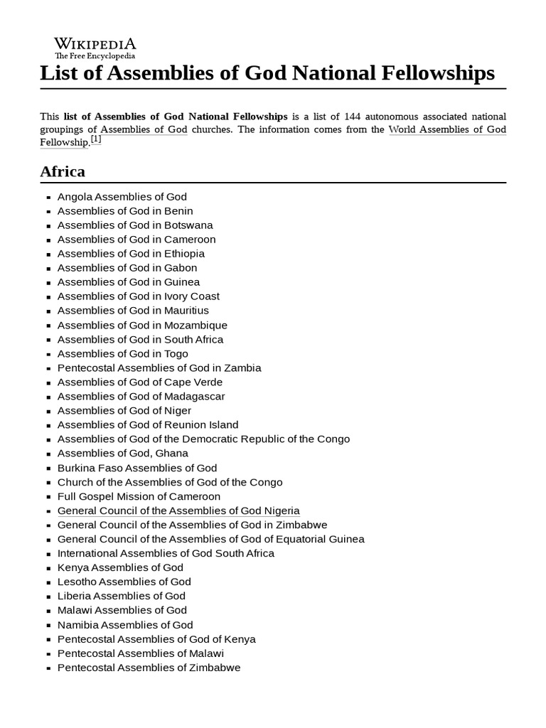 List of Assemblies of God National Fellowships | PDF | Africa ...