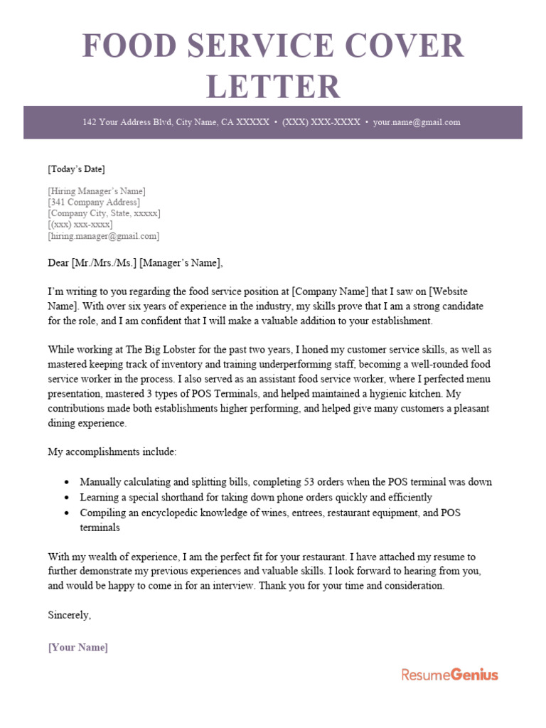 Food Service Cover Letter Example | PDF