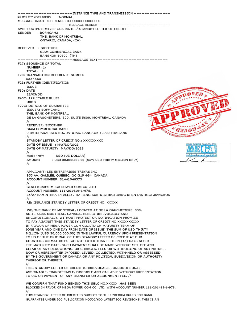 Bmo Draft SBLC 760 - Siam Bank Comm | PDF | Letter Of Credit | Market ...