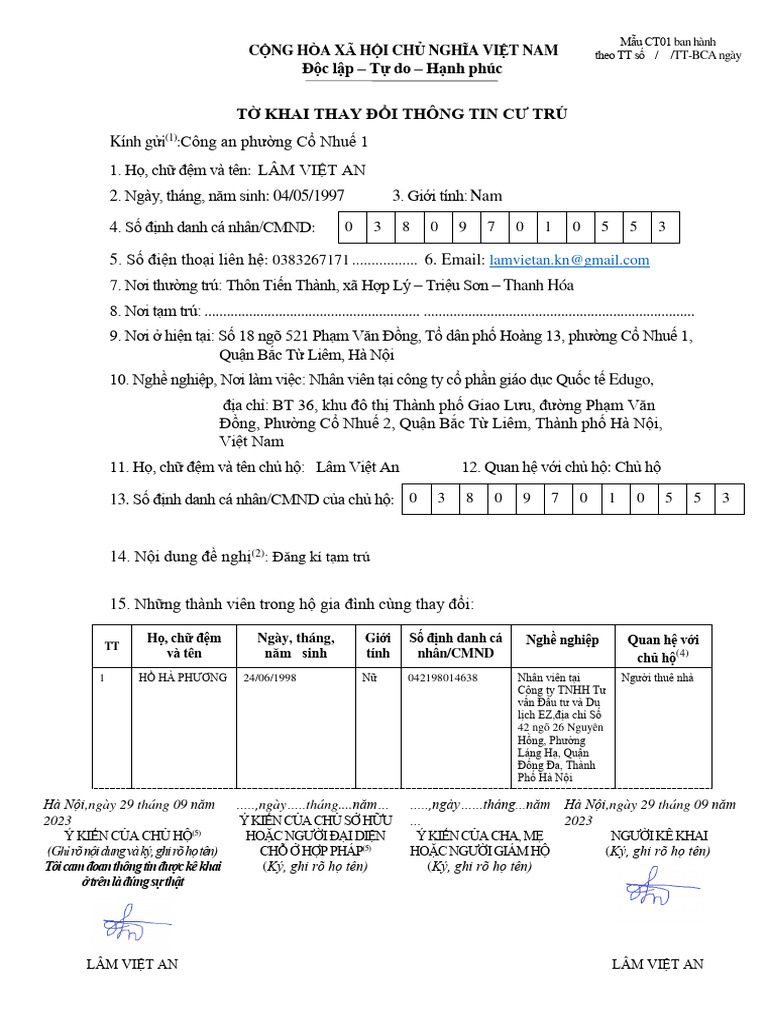 CT01 T Khai Thay Đ I Thông Tin Cư Trú 1 | PDF