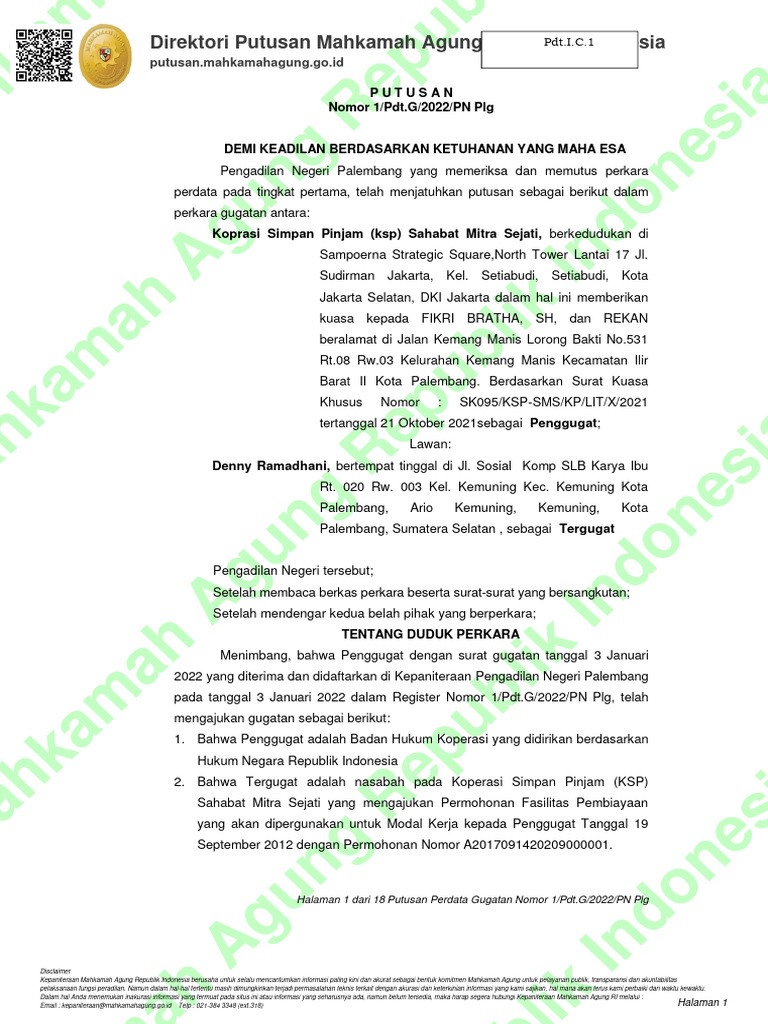 Putusan 1 PDT.G 2022 PN PLG 20231110160718 | PDF