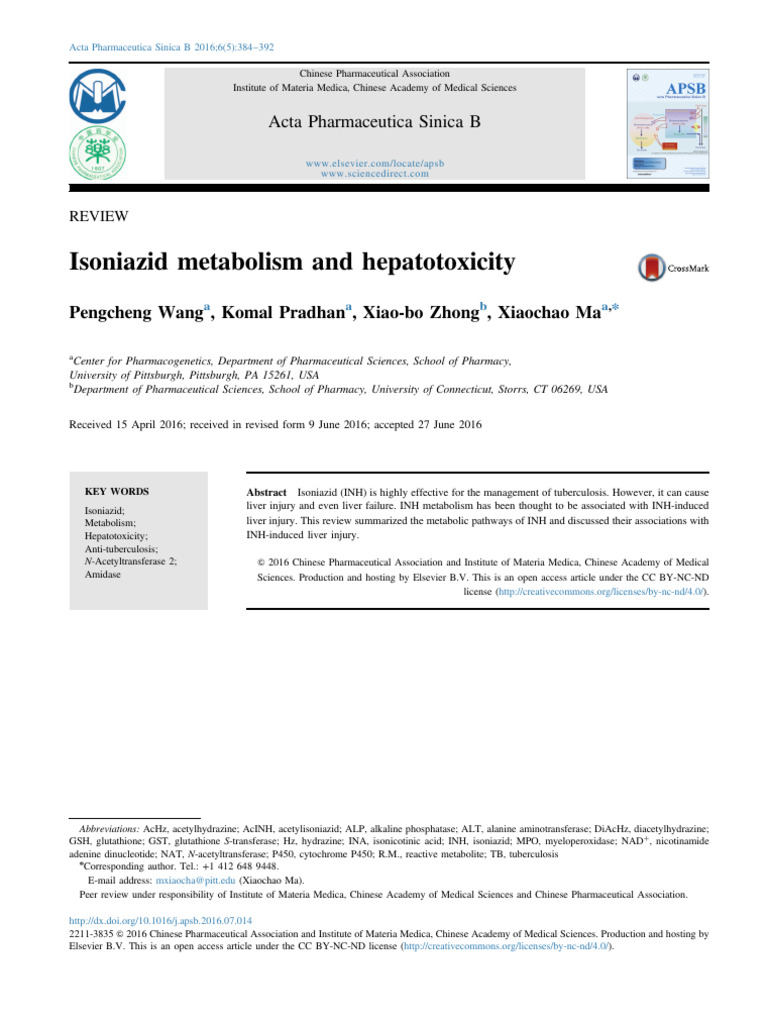 Isoniazid Metabolism and Hepatotoxicity: Acta Pharmaceutica Sinica B | PDF | Cytochrome P450 ...