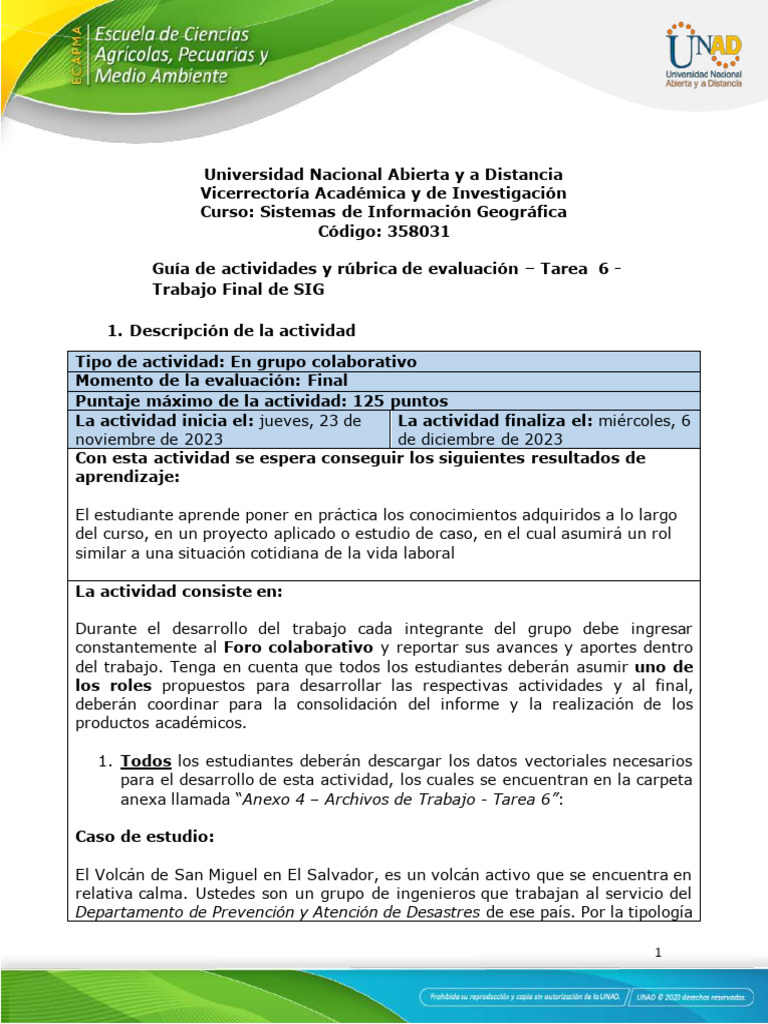 Guia de actividades y Rúbrica de evaluación - Tarea 6 - Trabajo Final de SIG | PDF | Evaluación ...