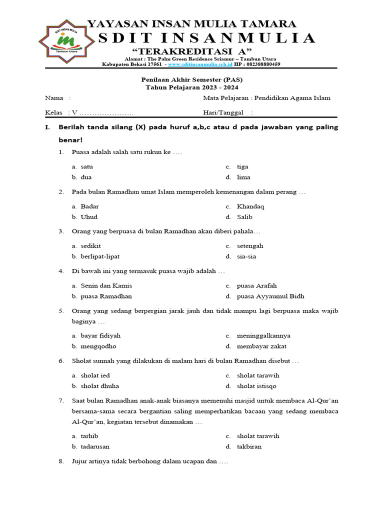 PAS PAI Kelas 5 Semester 1 | PDF