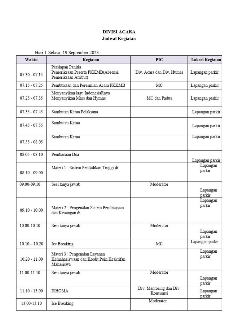 Rundown Acara PKKMB 2023 | PDF