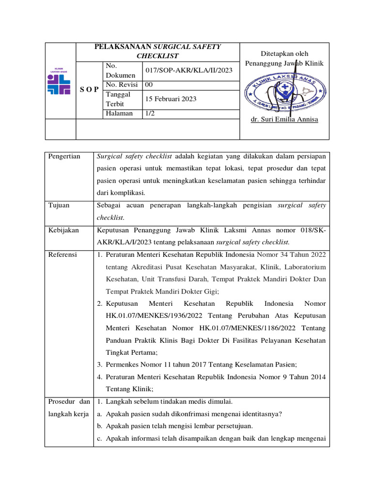 Ep 2.5 Sop Pelaksanaan Surgical Safety Checklist | PDF