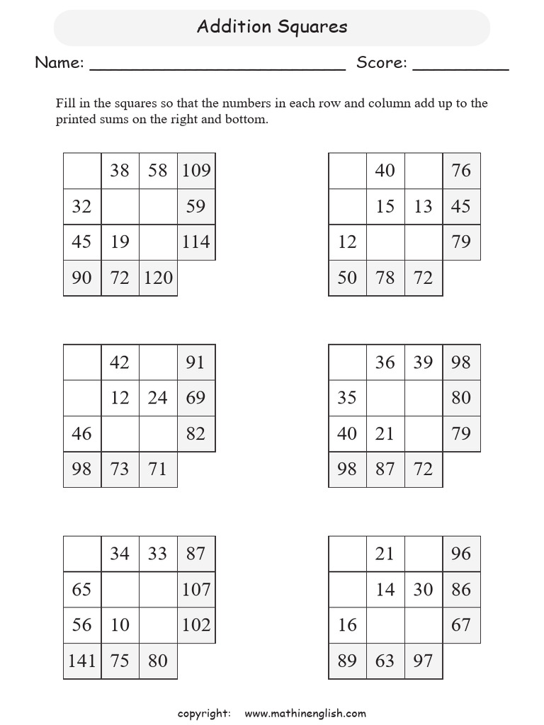 Addition Square 2 Digit 3 by 3 | PDF