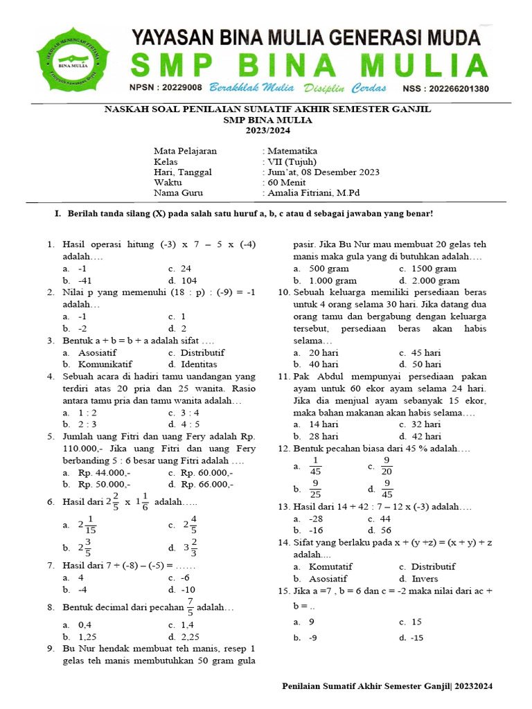 Soal Matematika PSAS Ganjil Kelas VII | PDF