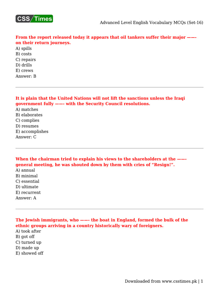Advanced Level English Vocabulary MCQs (Set-16) | PDF
