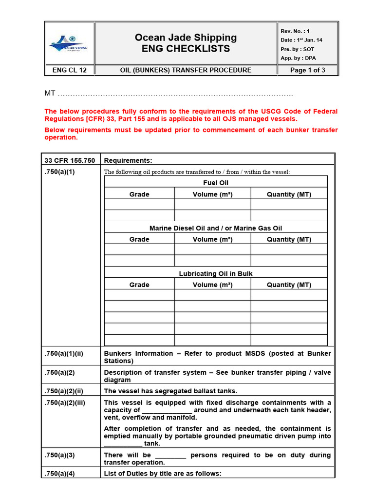ENG CL 12 - Oil (Bunkers) Transfer Procedures | PDF