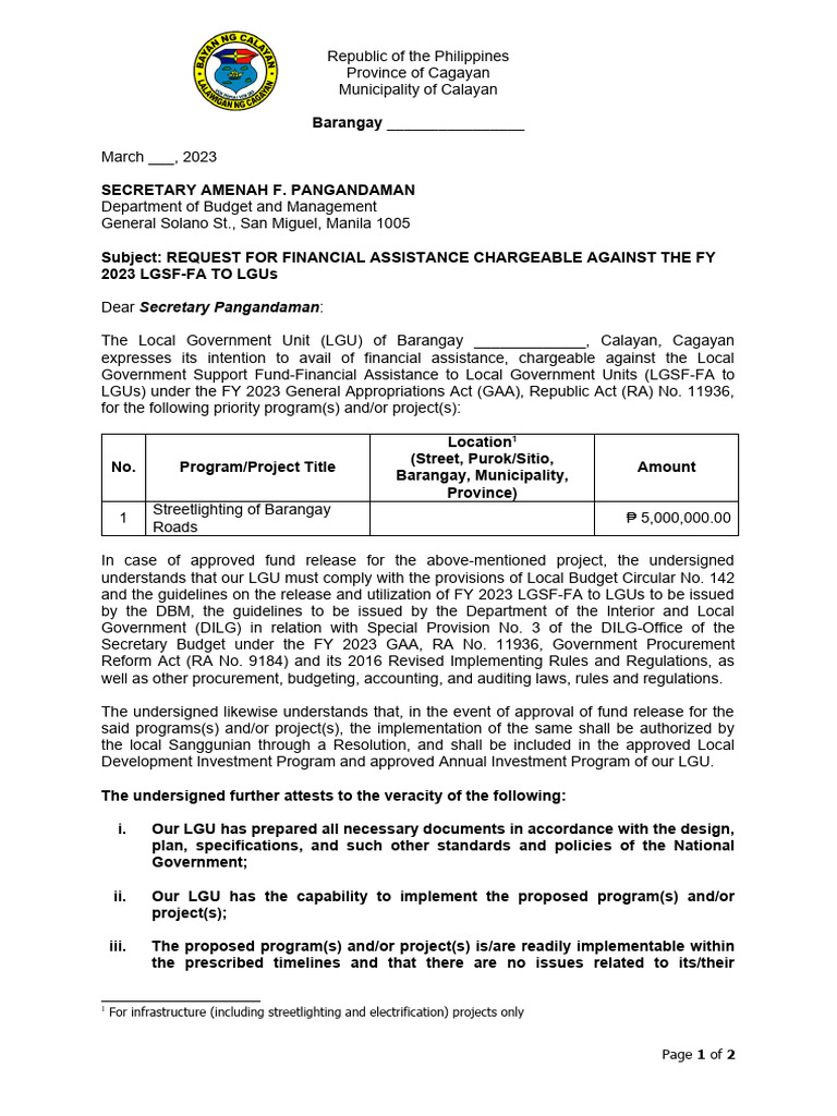 Letter To DBM Re Request For FA 2 | PDF | Government | Economies