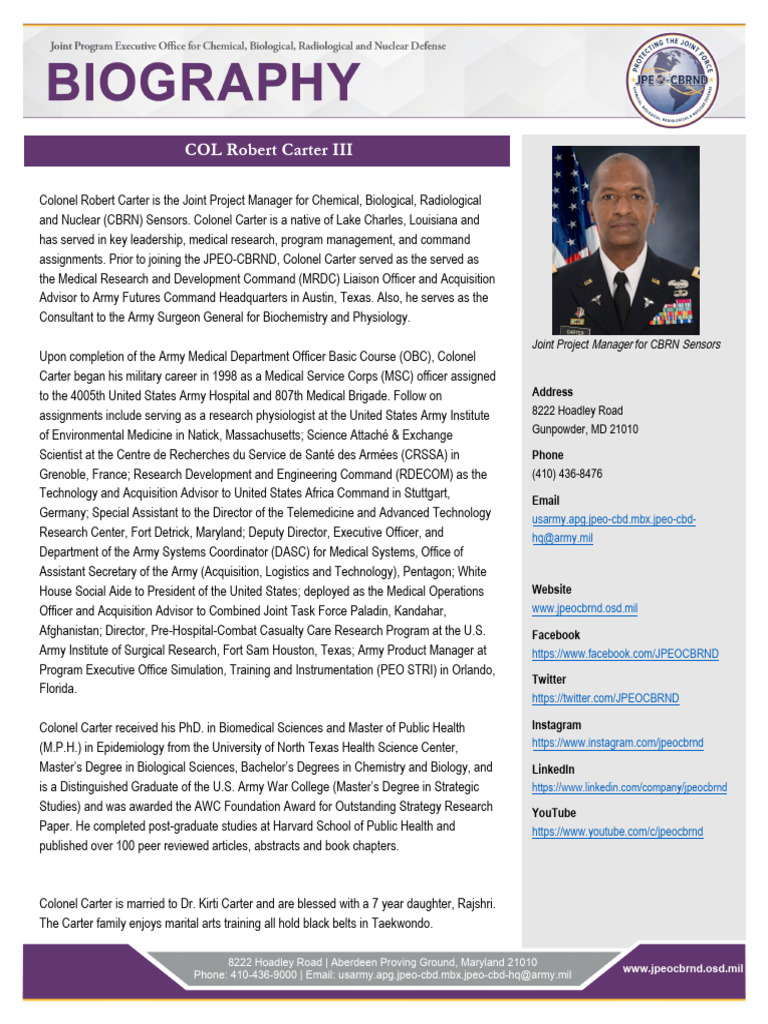JPEO-CBRND - JPM CBRN Sensors - Biography - Carter - Robert - 27DEC21 ...