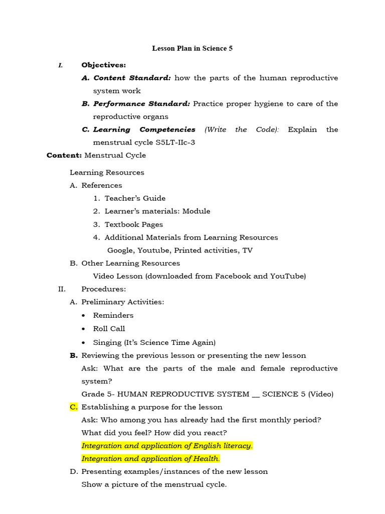 Menstrual Cycle Lesson Plan for Grade 5 | PDF | Menstrual Cycle ...