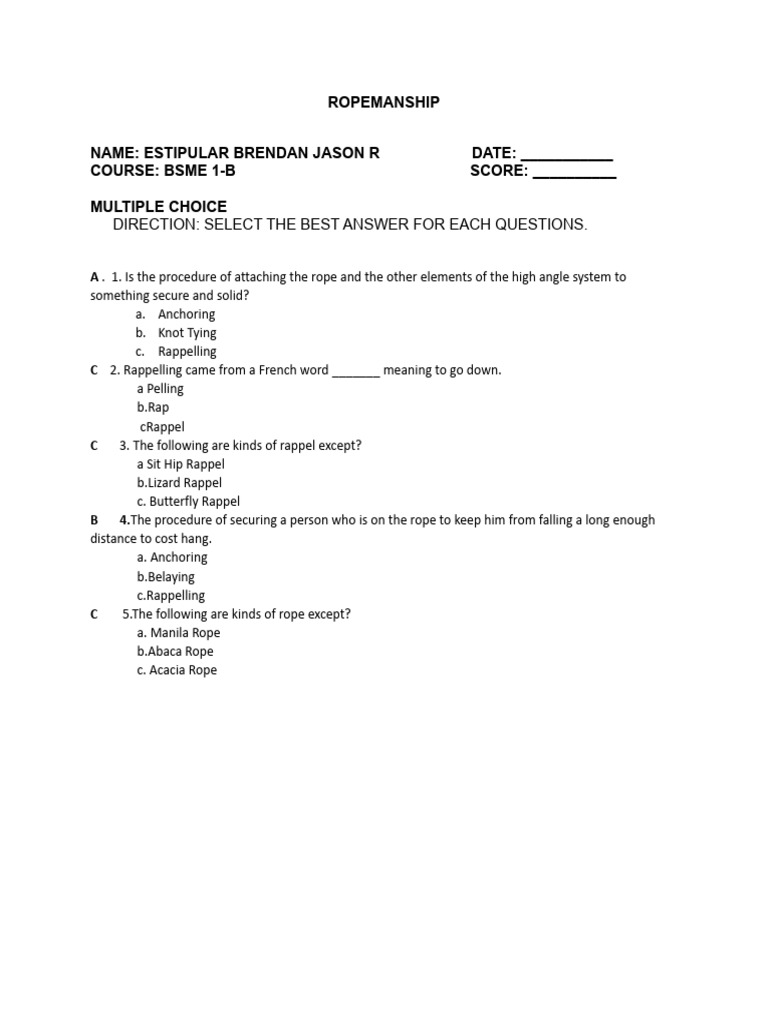 Ropemanship Training Quiz | PDF