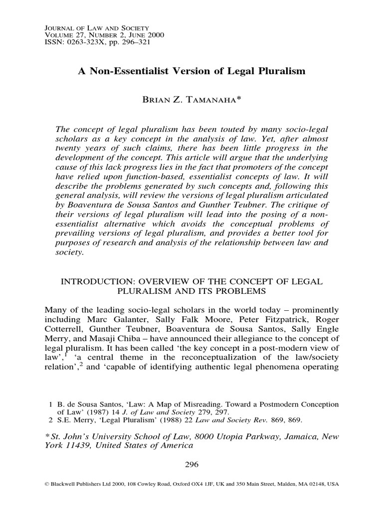 Tamanaha - 2000 - A Non-Essetialist Version of Legal Pluralims | PDF