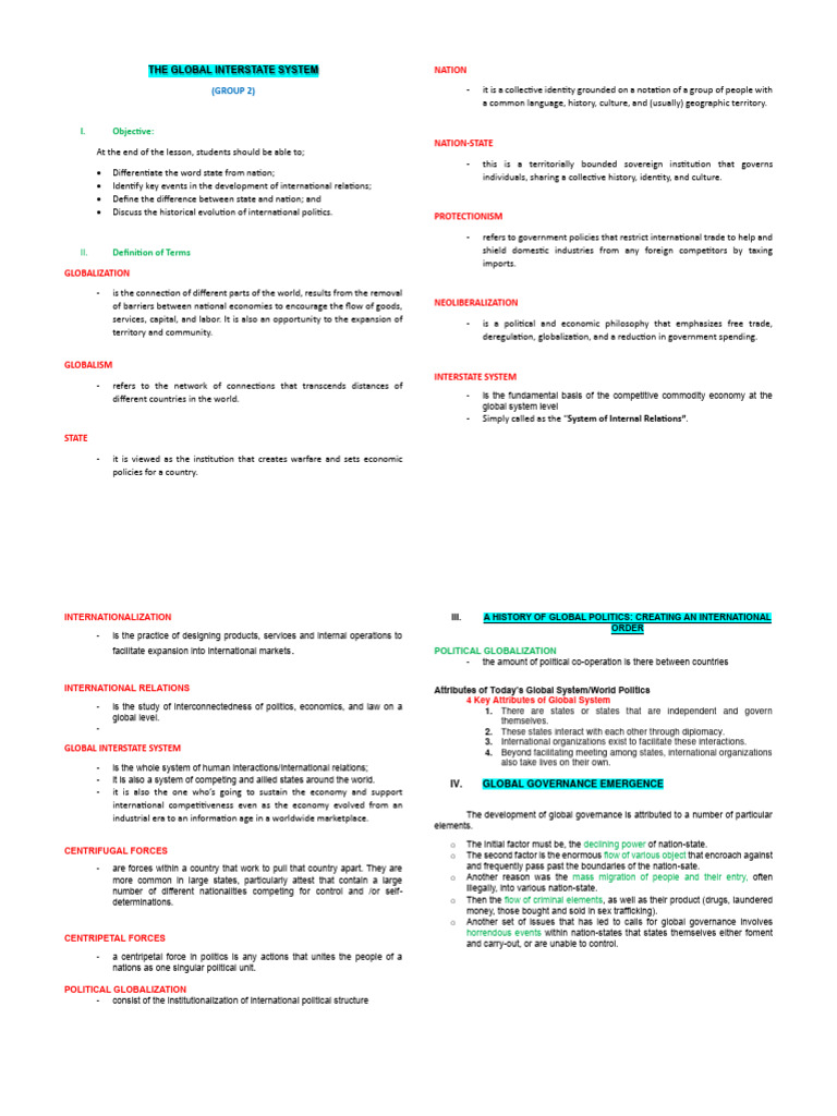 G2s HANDOUT - THE GLOBAL INTERSTATE SYSTEM | PDF | Internationalism (Politics) | Sovereign State