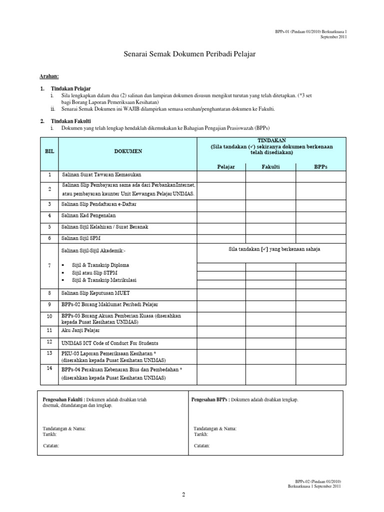 Senarai Semak Dokumen Peribadi Pelajar | PDF