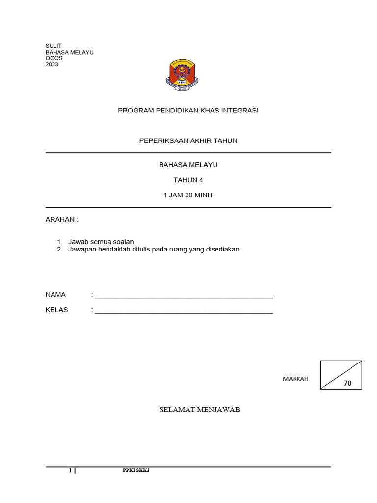 Soalan-Peperiksaan-Bahasa-Melayu-PPKI TAHUN 4 | PDF
