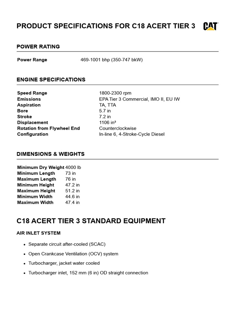 C18 ACERT Tier 3 Engine Specs | PDF | Engines | Pump