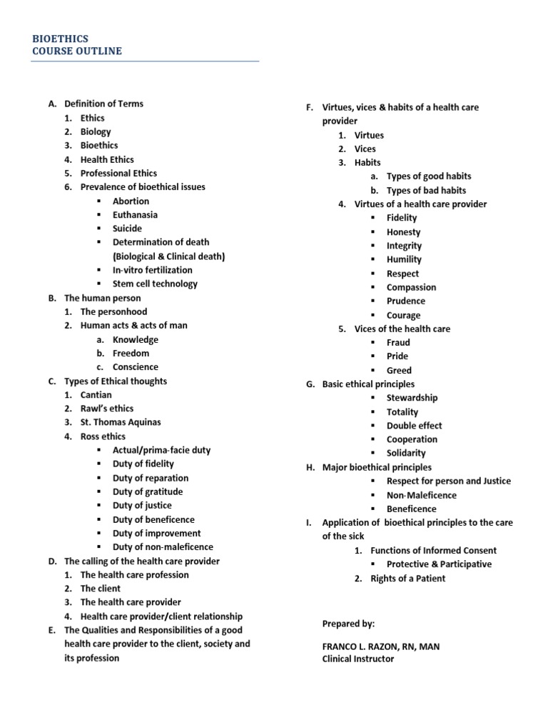 BIOETHICS Course Outline | PDF | Bioethics | Medical Ethics