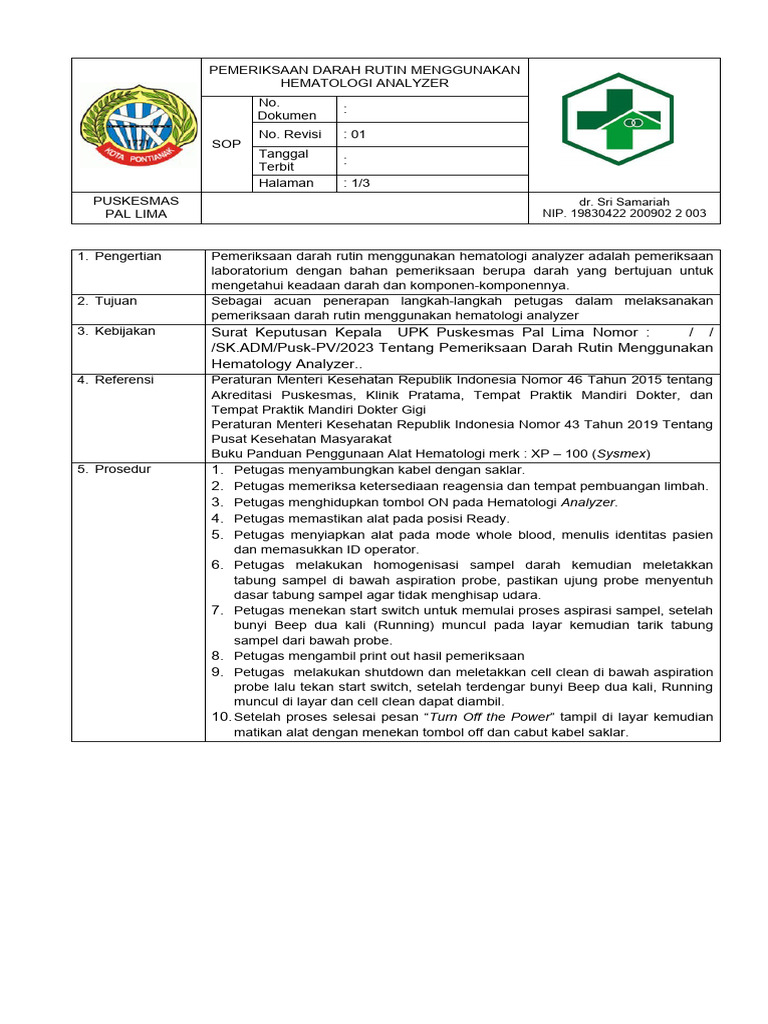 SOP Pemeriksaan Darah Rutin Menggunakan Hematologi Analyzer Fix. New | PDF