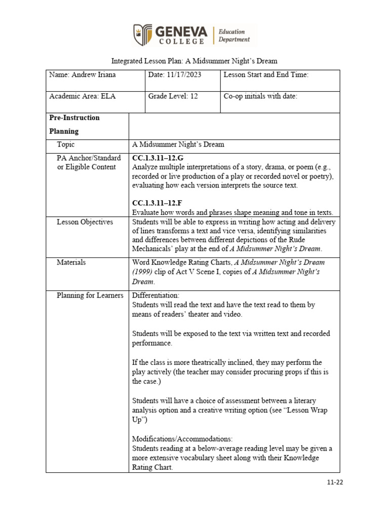 A Midsummer Night's Dream Lesson Plan | PDF | A Midsummer Night's Dream ...