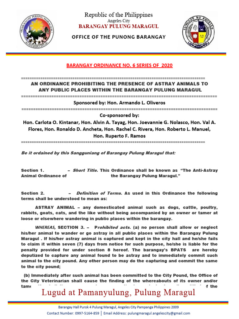 Barangay ORDINANCE No. 6-2020-Animals Astray | PDF | Detention ...