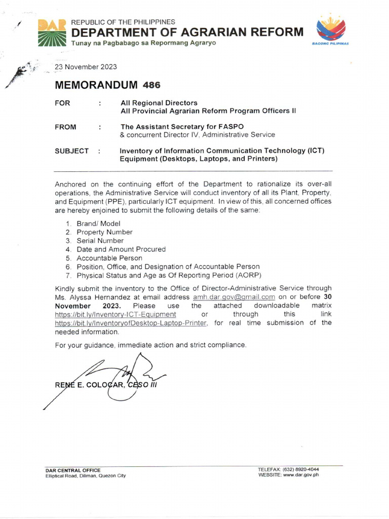 Memo 486 S2023 Inventory of Information Communication Technology (Ict) Equipment (Desktops ...