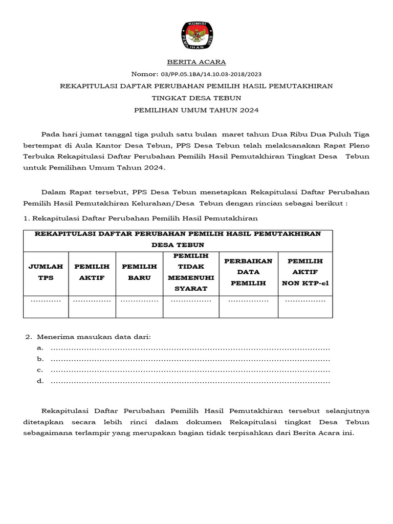 Berita Acara Rekap DPHP Tingkat PPS Pemilu 2024 | PDF | Pengelolaan Keuangan & Uang