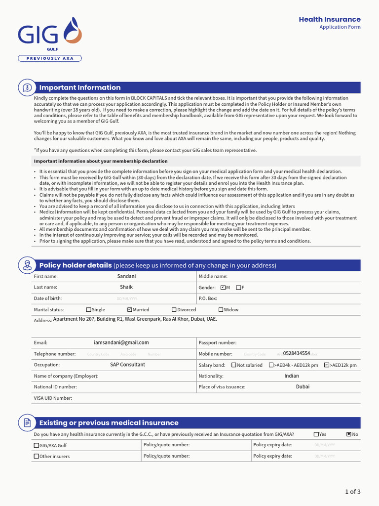 GIG Health Insurance Application Form | PDF