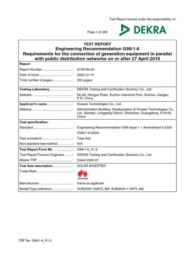 SUN2000-100M2 - 115M2 G99 TestReport Rel - DEKRA - 20221219 | PDF ...