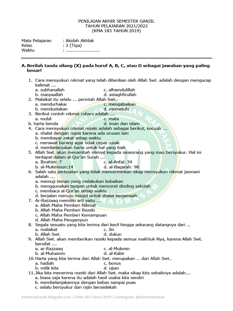 Soal Pas Aa Kelas 3 Mi - Kma 183 - Kamimadrasah | PDF