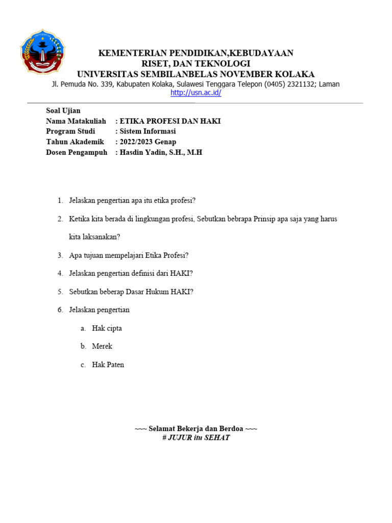 Soal Uas Etika Profesi Dan Haki | PDF