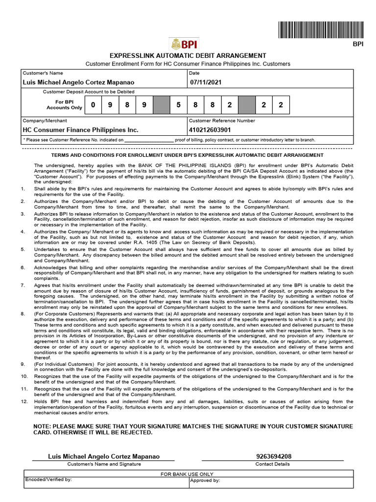 Customer Enrollment Form For HC Consumer Finance Philippines Inc ...