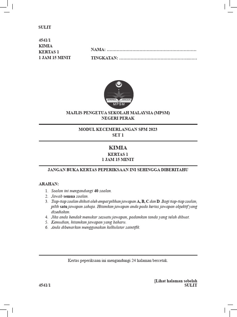 Kimia K1 Set 1 Trial Perak 2023 | PDF