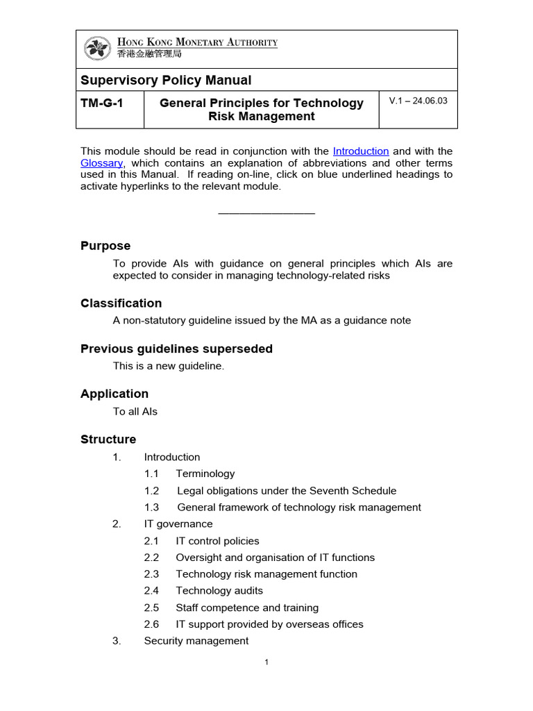 Supervisory Policy Manual: TM-G-1 General Principles For Technology Risk Management | PDF ...