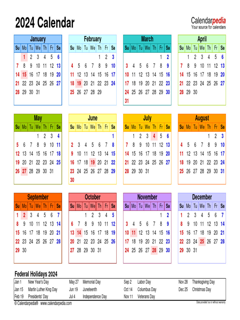 2024 Calendar Landscape Year at A Glance in Color | PDF