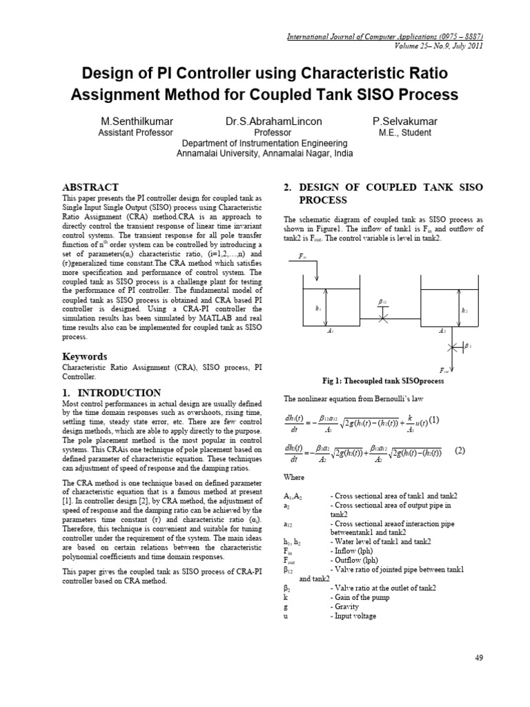 Design of PI Controller Using Characteristic Ratio Assignment Method for Coupled Tank SISO ...