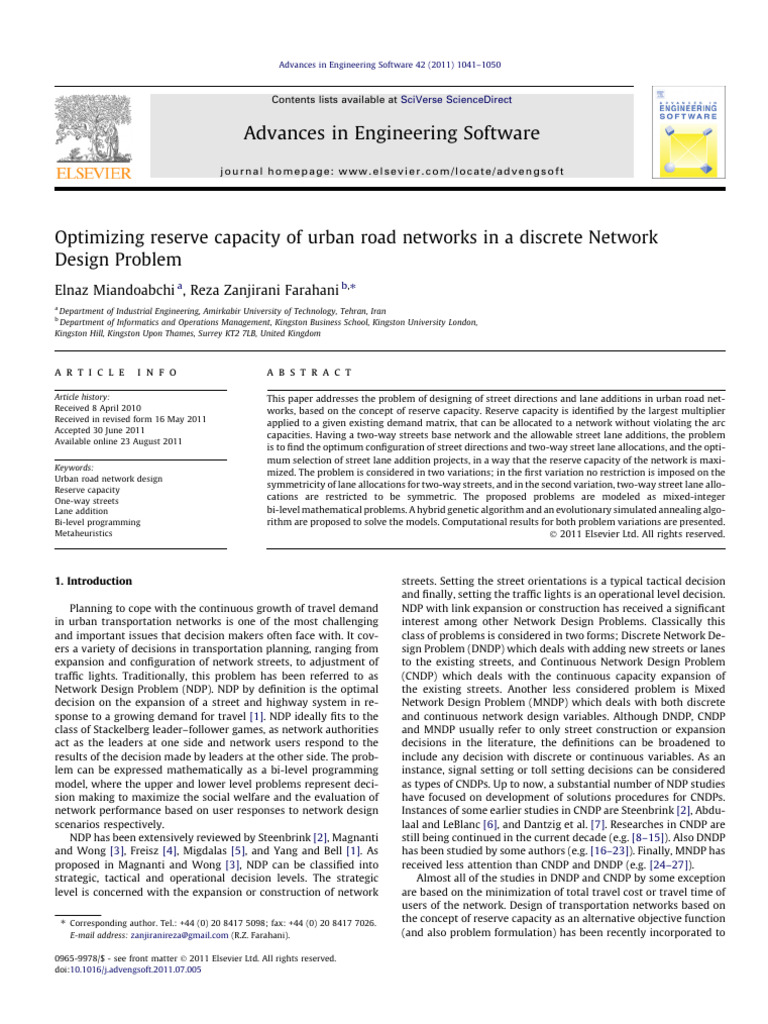 Optimizing reserve capacity of urban road networks in a discrete Network | PDF | Metaheuristic ...