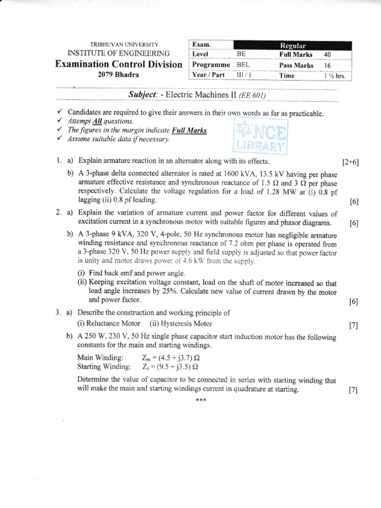 Electric Machines II Exam Questions | PDF | Electric Motor | Physical ...