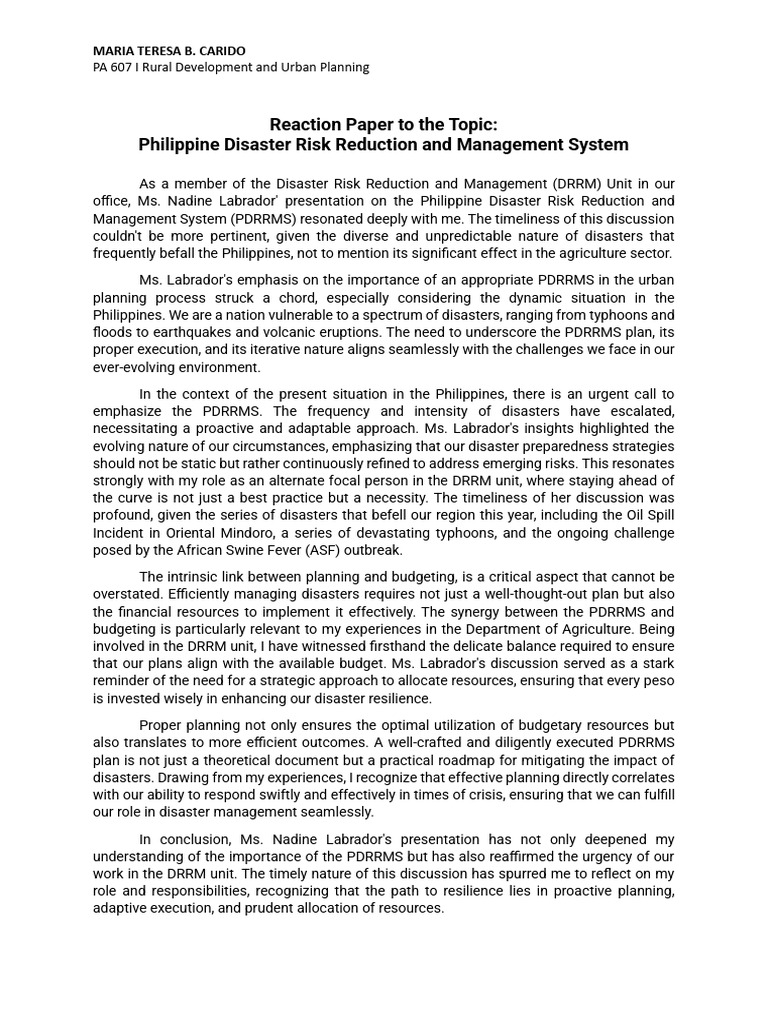 Reaction Paper_Philippine Disaster Risk Reduction and Management System ...