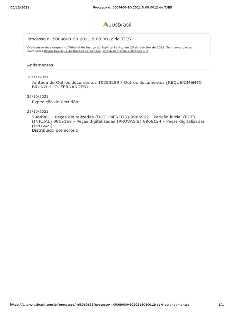 Processo N 5009600 9020218080012 Do Tjes Andamentos | PDF