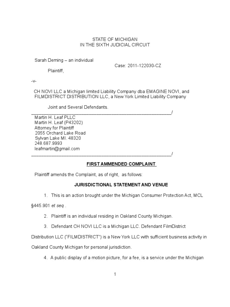 (First Amended) Complaint Sarah Deming V CH Novi, LLC Et Al. | Download Free PDF | Class Action ...