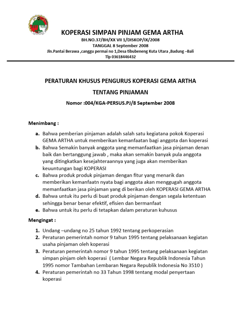 PERSUS " Peraturan Khusus Pinjaman Pada Koperasi " | PDF | Bisnis | Pengelolaan Keuangan & Uang