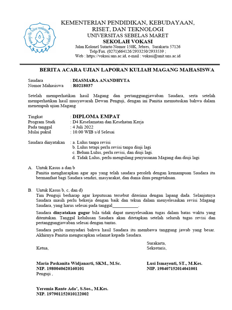 Hasil Ujian Magang Diasmara | PDF