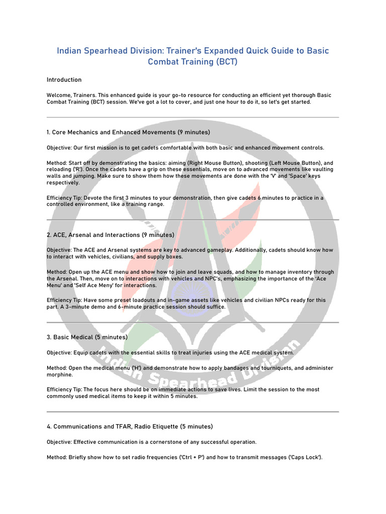 Indian Spearhead Division: Trainer's Expanded Quick Guide To Basic Combat Training (BCT) | PDF