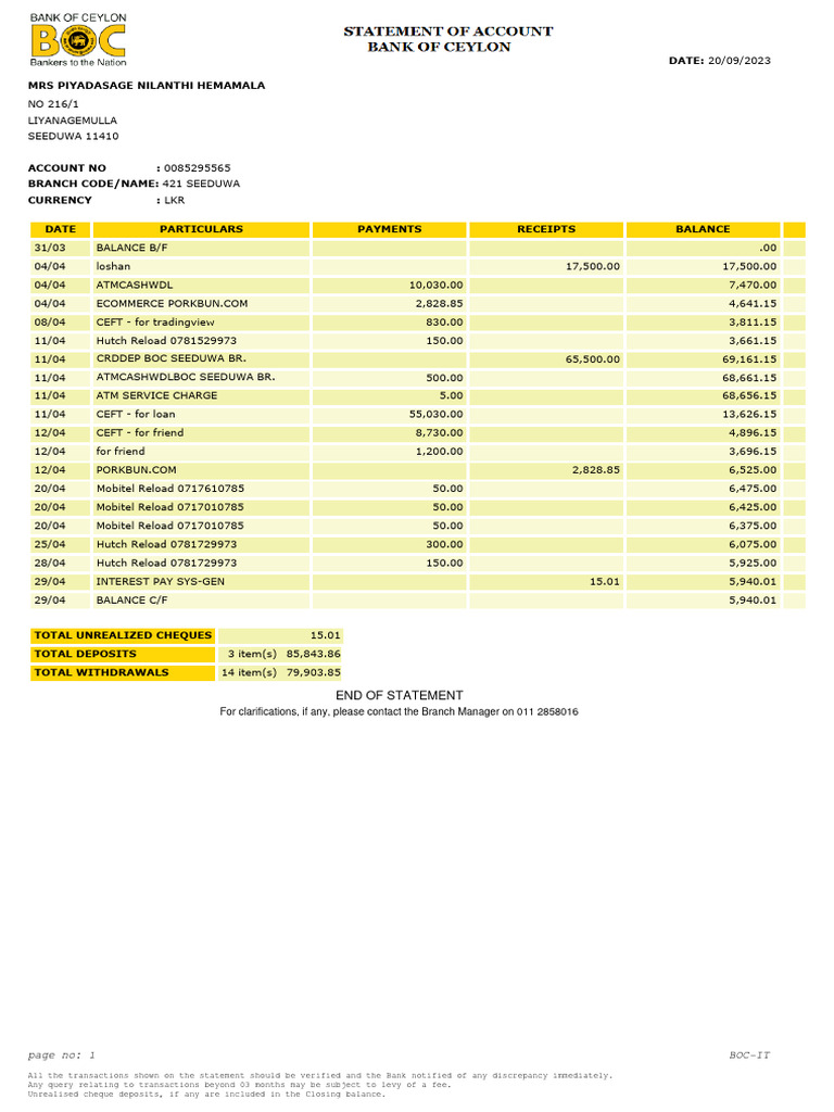 Statement | PDF | Deposit Account | Cheque