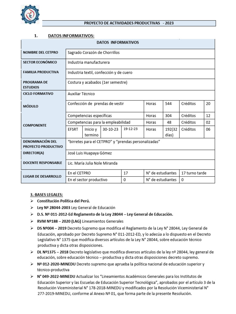 Proyecto Textil CETPRO 2023 | PDF | Evaluación | Educación más alta