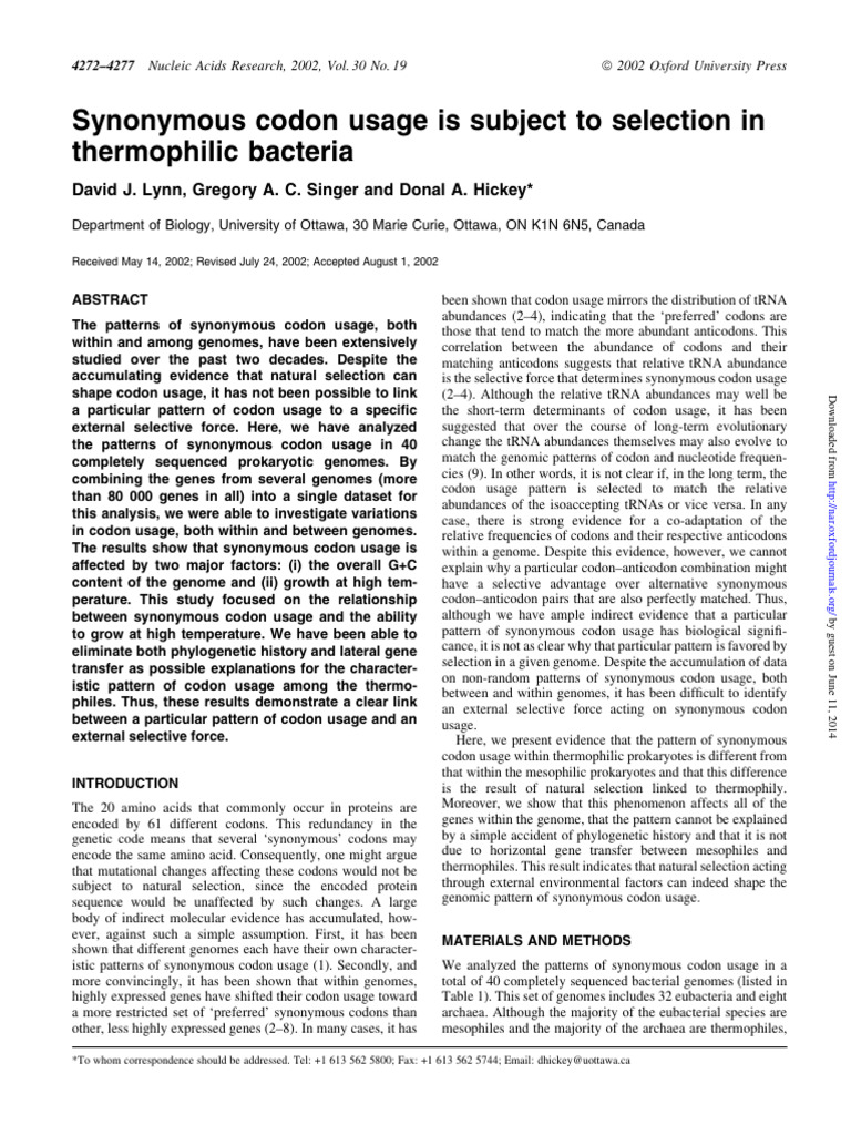 Synonymous Codon Usage Is Subject To Selection In Thermophilic Bacteria Pdf Genetic Code Gene